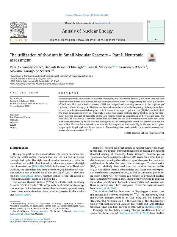 (PDF) The utilization of thorium in Small Modular Reactors – Part I ...