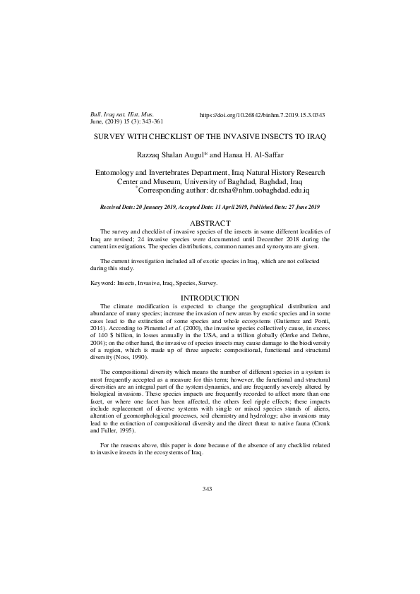 (PDF) Survey with Checklist of the Invasive Insects to Iraq