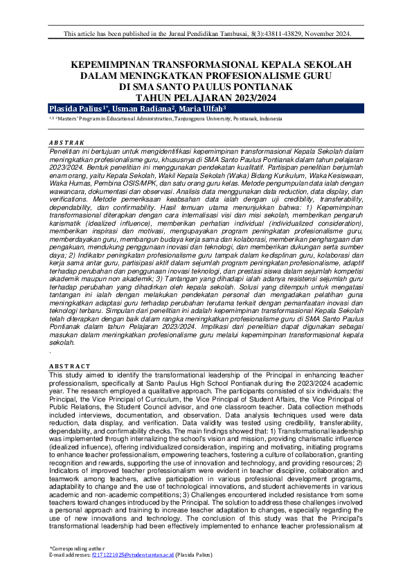 (PDF) KEPEMIMPINAN TRANSFORMASIONAL KEPALA SEKOLAH DALAM MENINGKATKAN PROFESIONALISME GURU DI ...