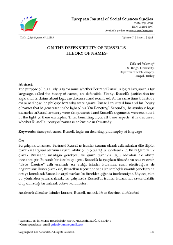 (PDF) On the Defensibility of Russell's Theory of Names / Russell'In ...