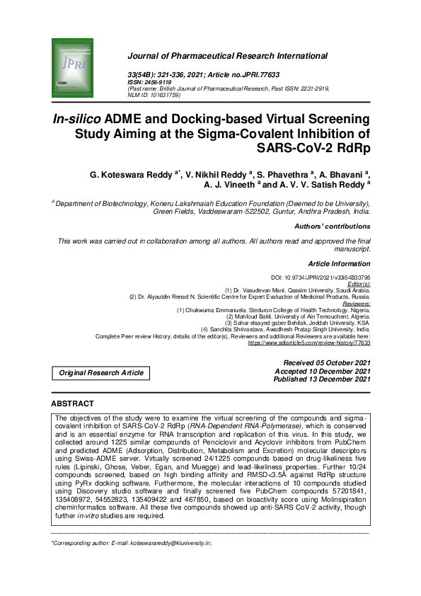 (PDF) In-silico ADME and Docking-based Virtual Screening Study Aiming at the Sigma-Covalent ...