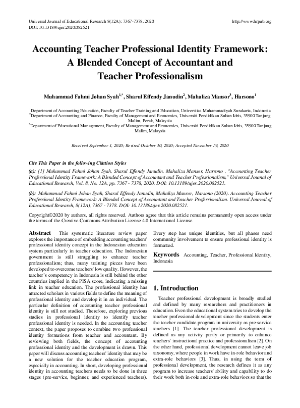(PDF) Accounting Teacher Professional Identity Framework: A Blended ...