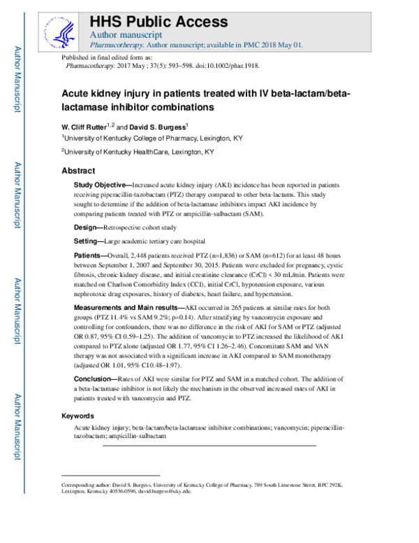 (PDF) Acute Kidney Injury in Patients Treated with IV Beta-Lactam/Beta ...