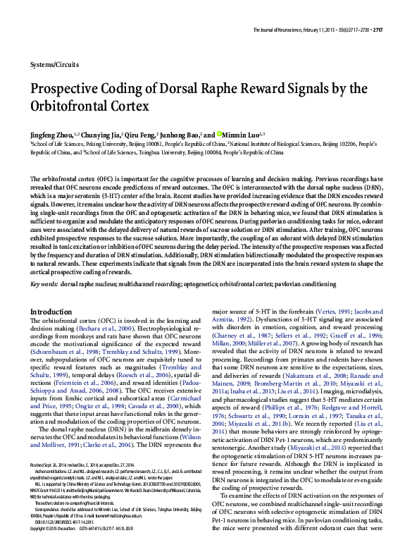(PDF) Prospective coding of dorsal raphe reward signals by the orbitofrontal cortex