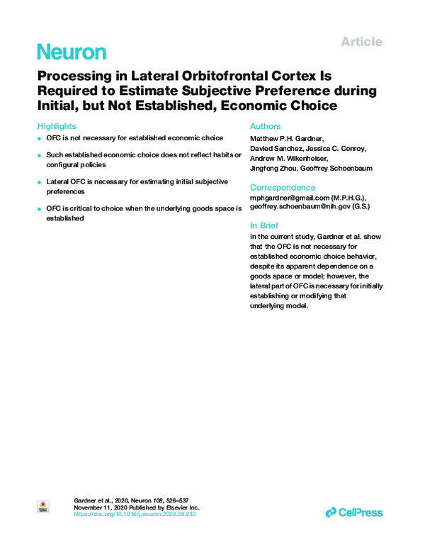 (PDF) Processing in Lateral Orbitofrontal Cortex Is Required to ...