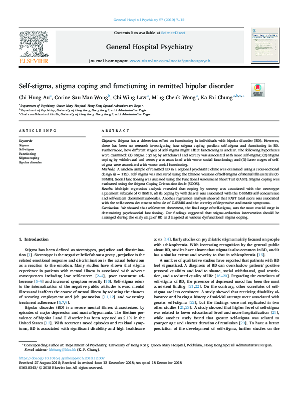 (PDF) Self-stigma, stigma coping and functioning in remitted bipolar ...
