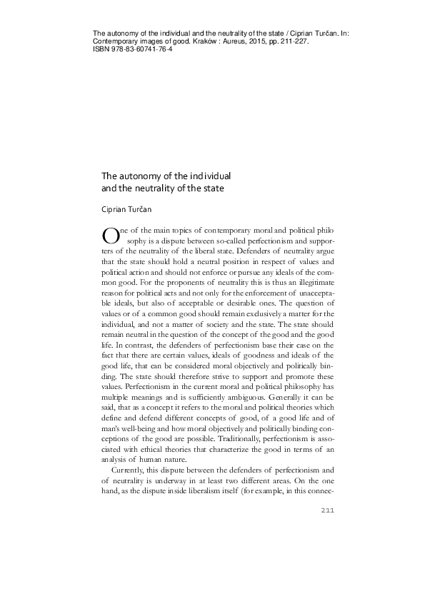 (PDF) The autonomy of the individual and the neutrality of the state