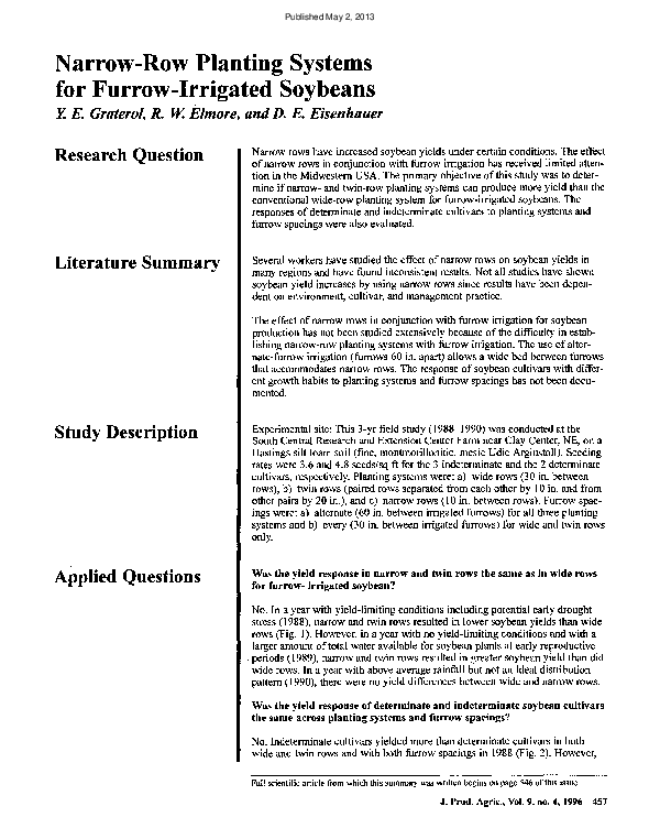 (PDF) Narrow-Row Planting Systems for Furrow-Irrigated Soybean