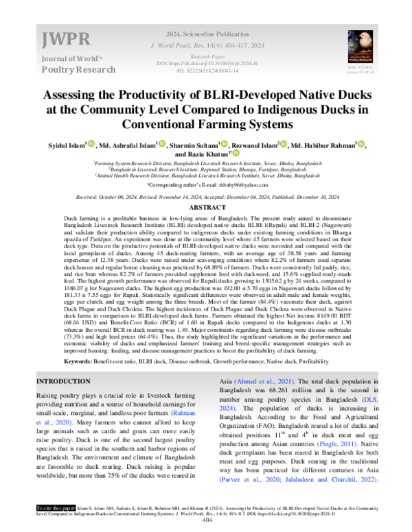 (PDF) Assessing the Productivity of BLRI-Developed Native Ducks at the ...