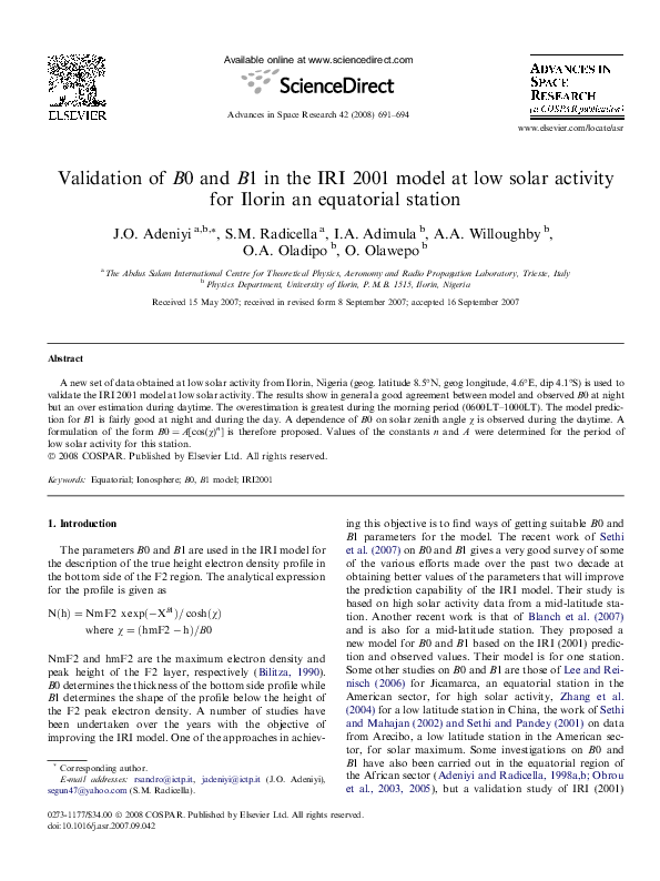 (PDF) Validation of B0 and B1 in the IRI 2001 model at low solar ...