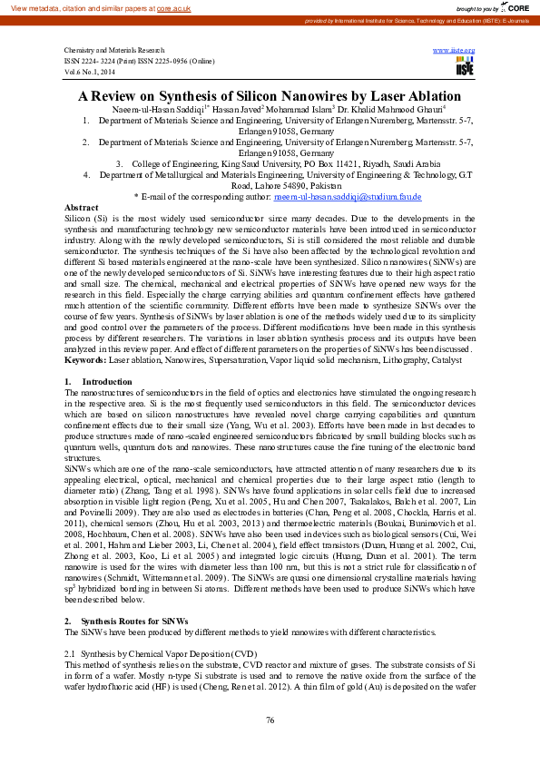 (PDF) A Review on Synthesis of Silicon Nanowires by Laser Ablation