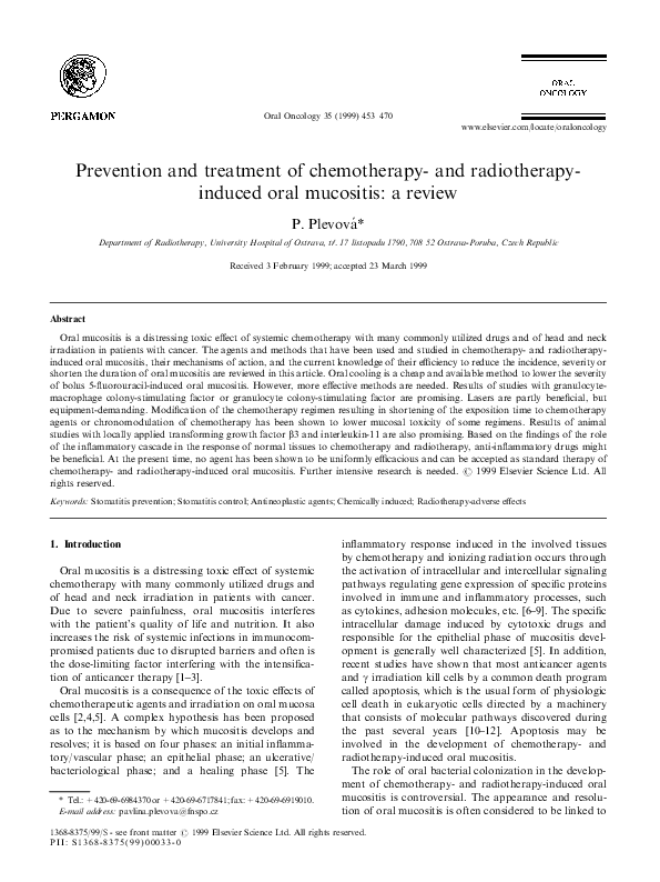 (PDF) Prevention and treatment of chemotherapy- and radiotherapy-induced oral mucositis: a review