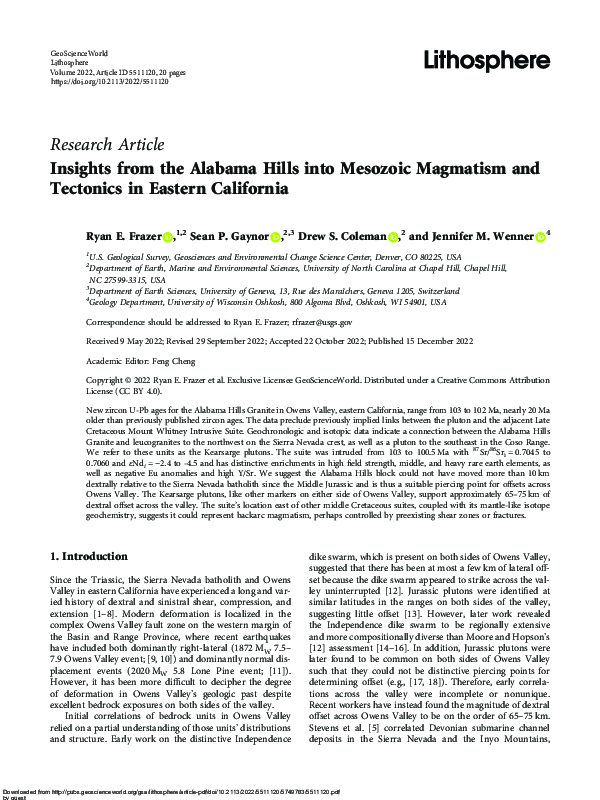 (PDF) Insights from the Alabama Hills into Mesozoic Magmatism and ...
