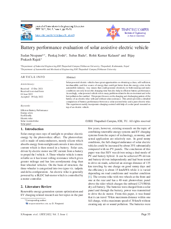 (PDF) Battery performance evaluation of solar assistive electric vehicle