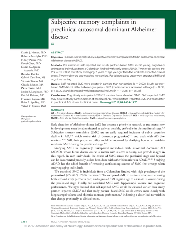 (PDF) Subjective memory complaints in preclinical autosomal dominant ...