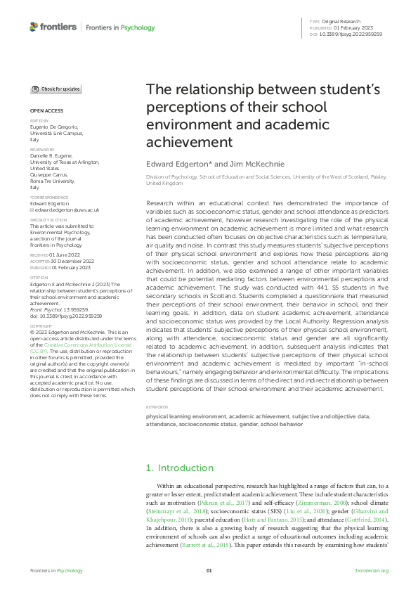 (PDF) The relationship between student’s perceptions of their school environment and academic ...