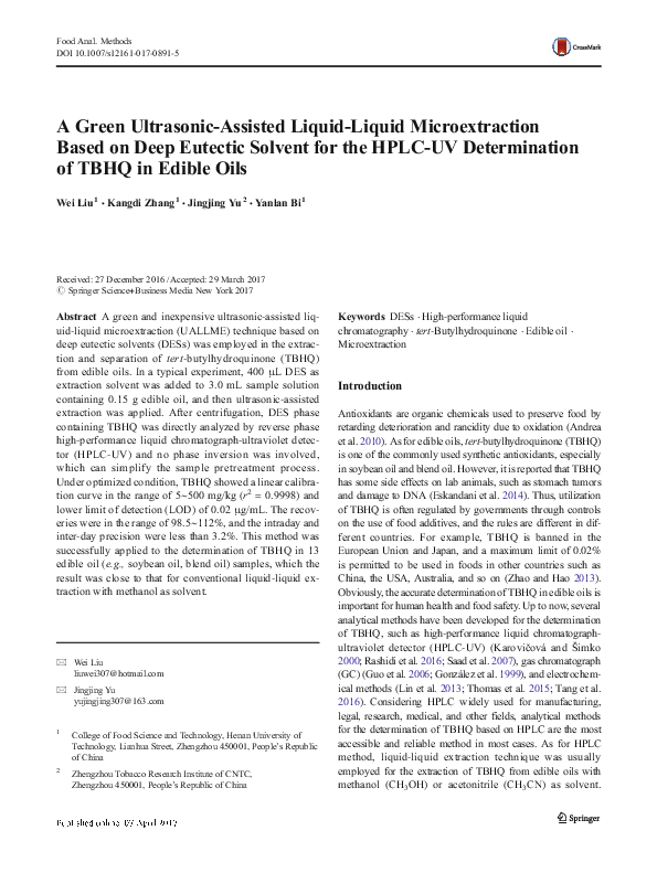 (PDF) A green ultrasonic-assisted liquid–liquid microextraction based on deep eutectic solvent ...