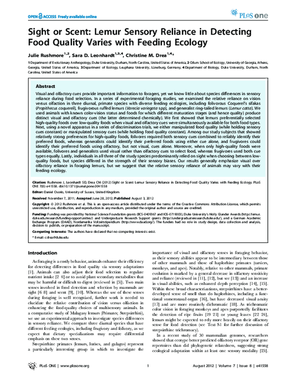 (PDF) Sight or Scent: Lemur Sensory Reliance in Detecting Food Quality ...
