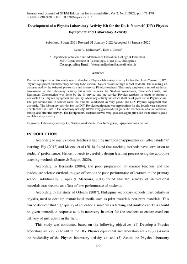 (PDF) Development of a Physics Laboratory Activity Kit for the Do-It ...