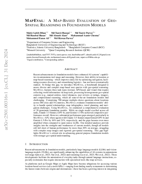 (PDF) MapEval: A Map-Based Evaluation of Geo-Spatial Reasoning in Foundation Models