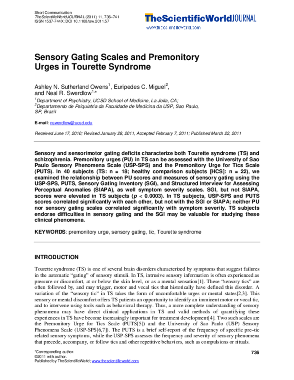 (PDF) Sensory Gating Scales and Premonitory Urges in Tourette Syndrome