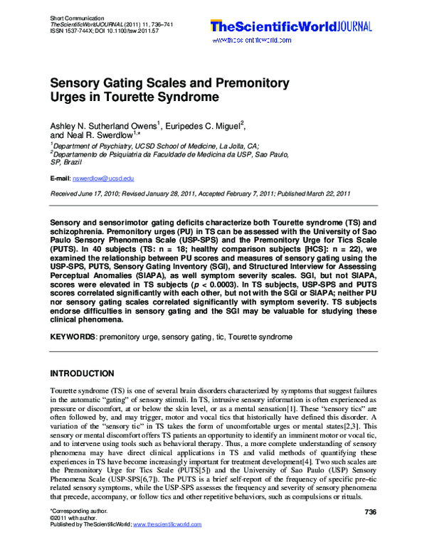(PDF) Sensory gating scales and premonitory urges in Tourette syndrome