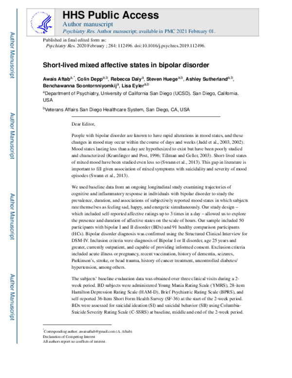 (PDF) Short-lived mixed affective states in bipolar disorder