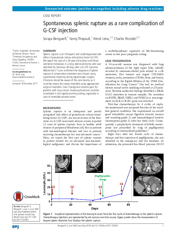 (PDF) Spontaneous splenic rupture as a rare complication of G-CSF injection