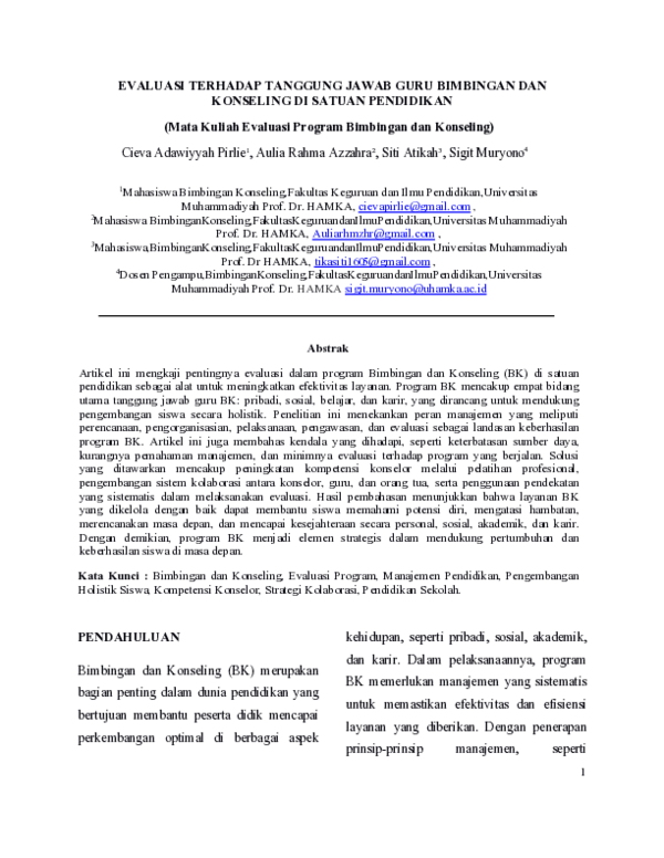 (PDF) EVALUASI TERHADAP TANGGUNG JAWAB GURU BIMBINGAN DAN KONSELING DI SATUAN PENDIDIKAN