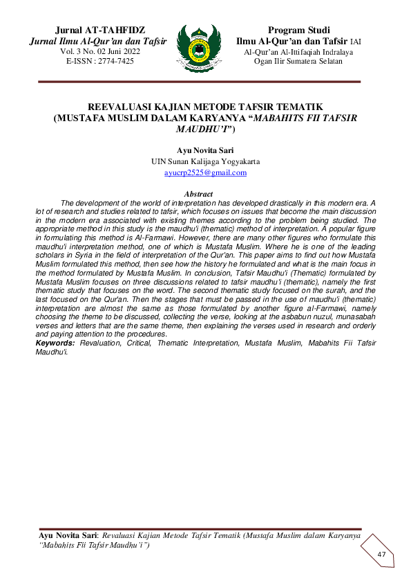 (PDF) Reevaluasi Kajian Metode Tafsir Tematik (Mustafa Muslim dalam ...