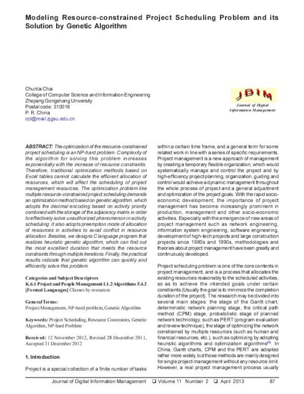 (PDF) Modeling Resource-Constrained Project Scheduling Problem and its Solution by Genetic Algorithm