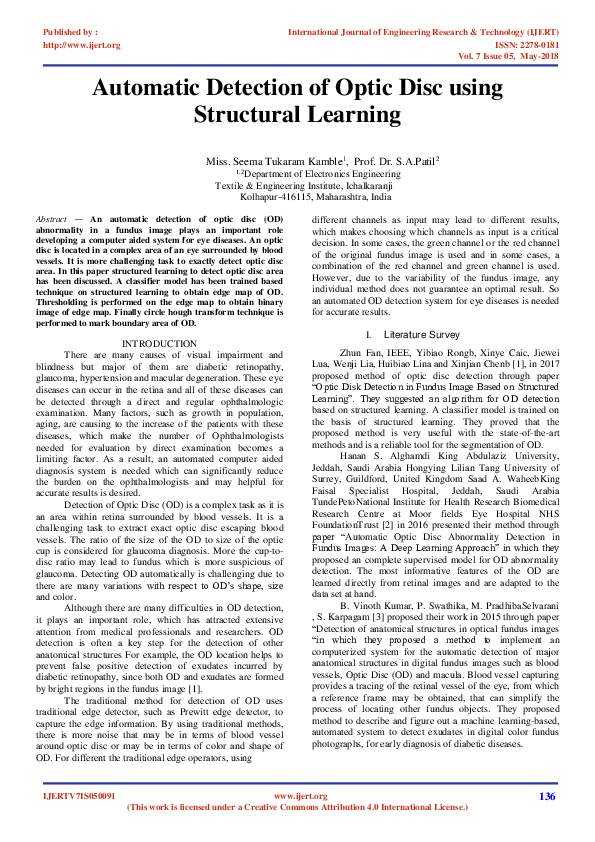 (PDF) Automatic Detection of Optic Disc using Structural Learning