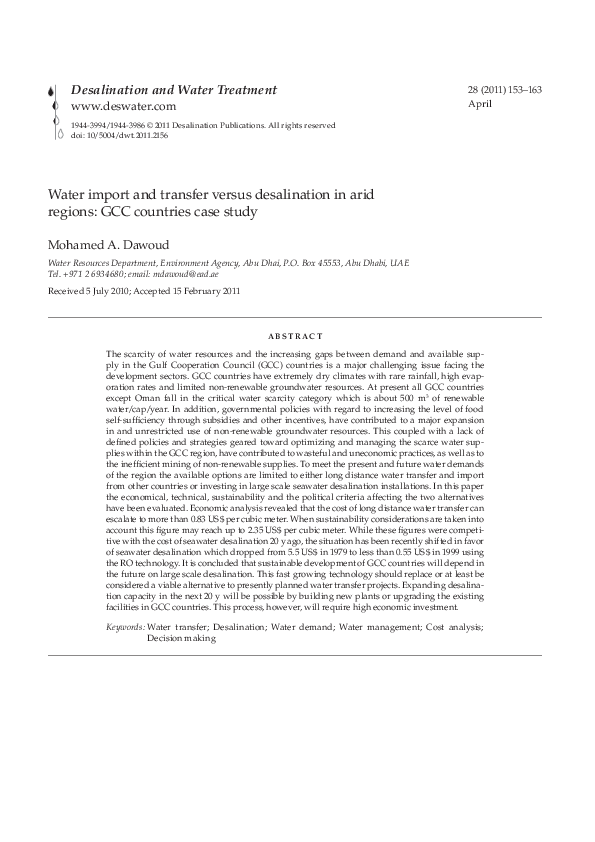 (PDF) Water import and transfer versus desalination in arid regions ...