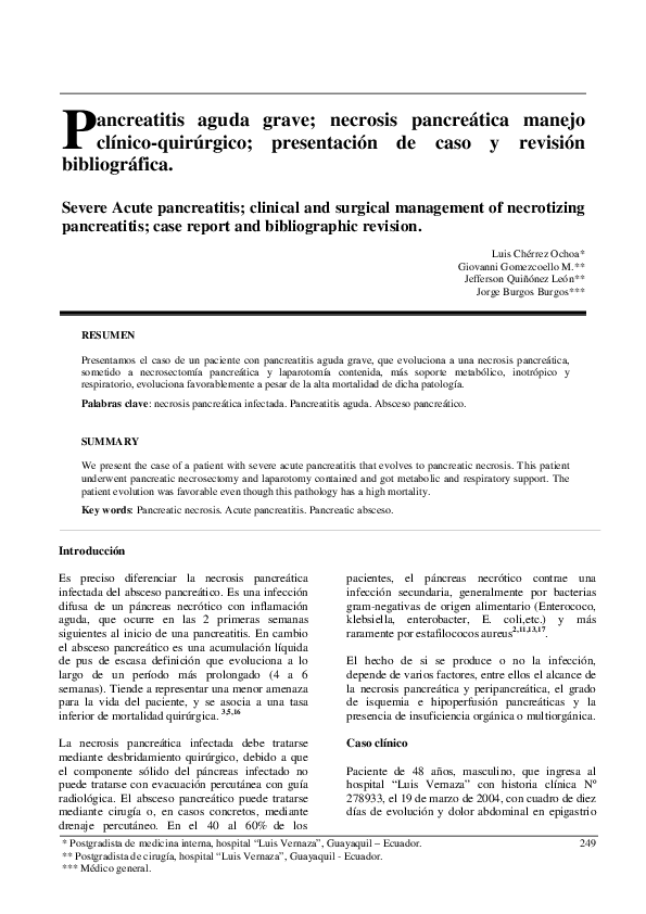 (PDF) Pancreatitis aguda grave; necrosis pancreática manejo clínico-quirúrgico; presentación de ...