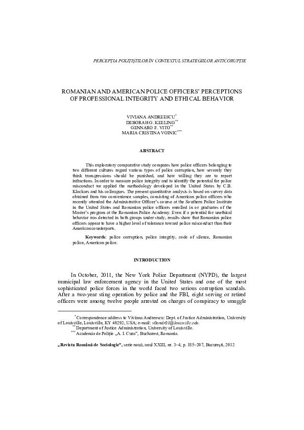 (PDF) ROMANIAN AND AMERICAN POLICE OFFICERS’ PERCEPTIONS OF ...