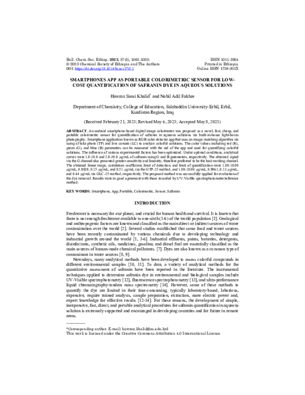 Pdf Smartphones App As Portable Colorimetric Sensor For Low Cost Quantification Of Safranin