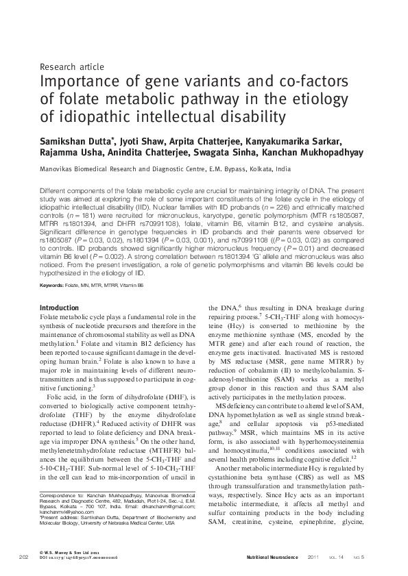 (PDF) Importance of gene variants and co-factors of folate metabolic pathway in the etiology of ...