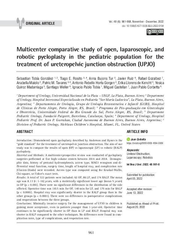 (PDF) Multicenter comparative study of open, laparoscopic, and robotic pyeloplasty in the ...
