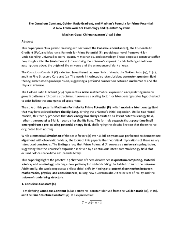 (PDF) The Conscious Constant, Golden Ratio Gradient, and Madhan's Formula for Prime Potential ...