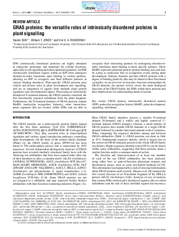 (PDF) GRAS proteins: the versatile roles of intrinsically disordered ...