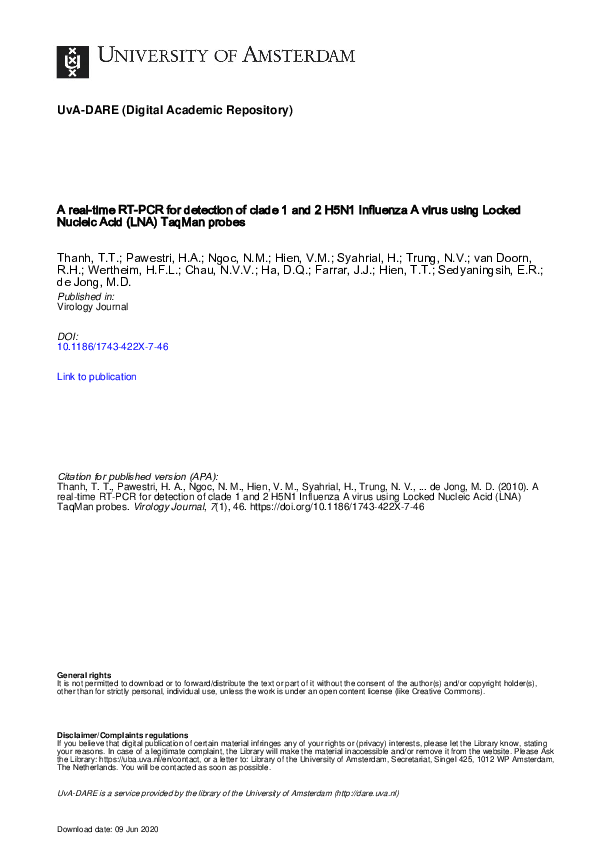 (PDF) A real-time RT-PCR for detection of clade 1 and 2 H5N1 Influenza ...