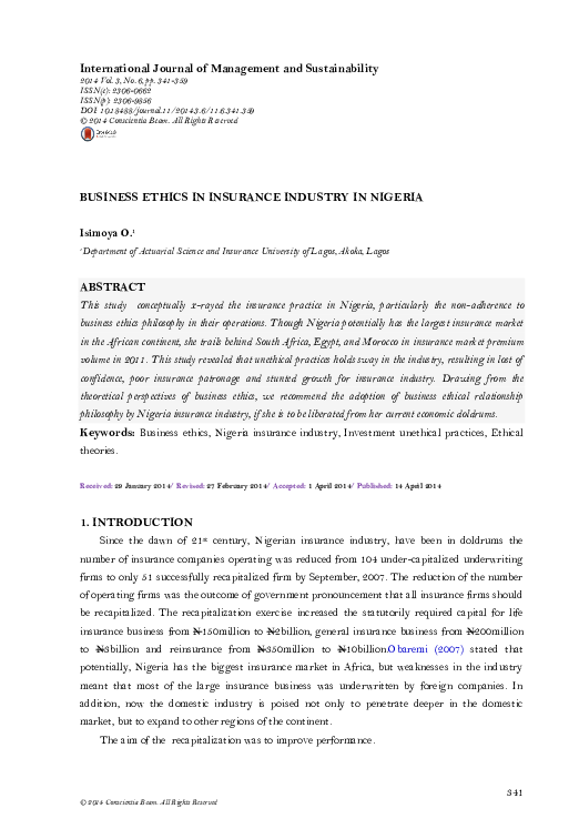 (PDF) Business Ethics in Insurance Industry in Nigeria