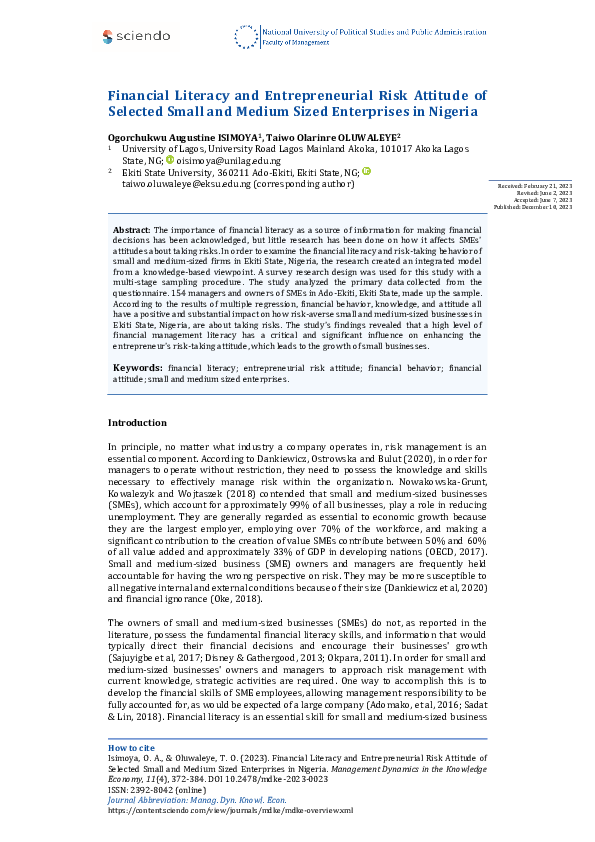 (PDF) Financial Literacy and Entrepreneurial Risk Attitude of Selected ...