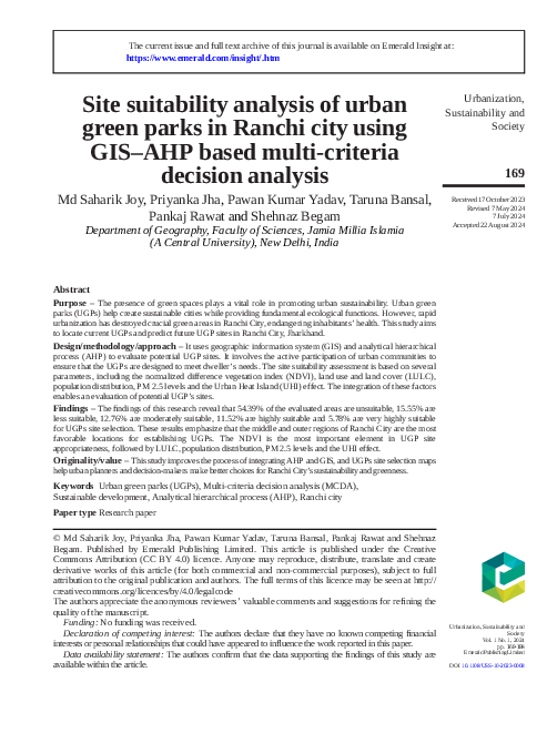 (PDF) Site suitability analysis of urban green parks in Ranchi city using GIS-AHP based multi ...