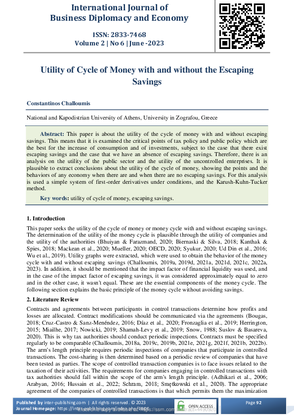 (PDF) Utility of Cycle of Money with and without the Escaping Savings