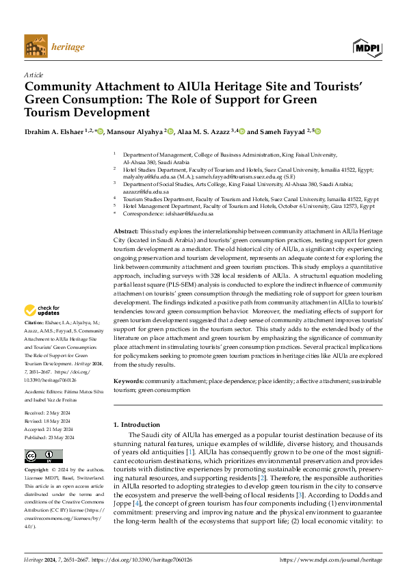 (PDF) Community Attachment to AlUla Heritage Site and Tourists’ Green Consumption: The Role of ...