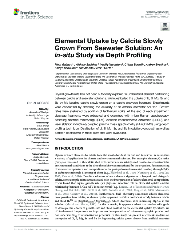 (PDF) Elemental Uptake by Calcite Slowly Grown From Seawater Solution ...
