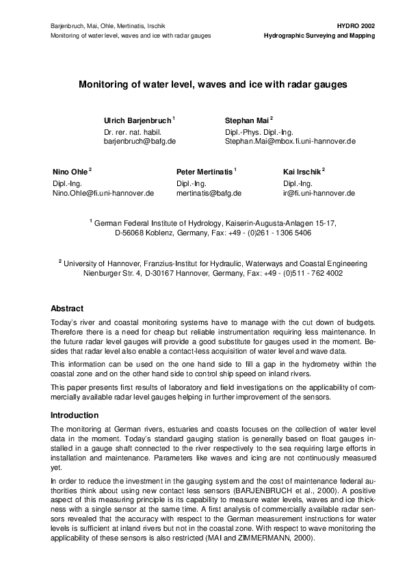(PDF) Monitoring of water level, waves and ice with radar gauges