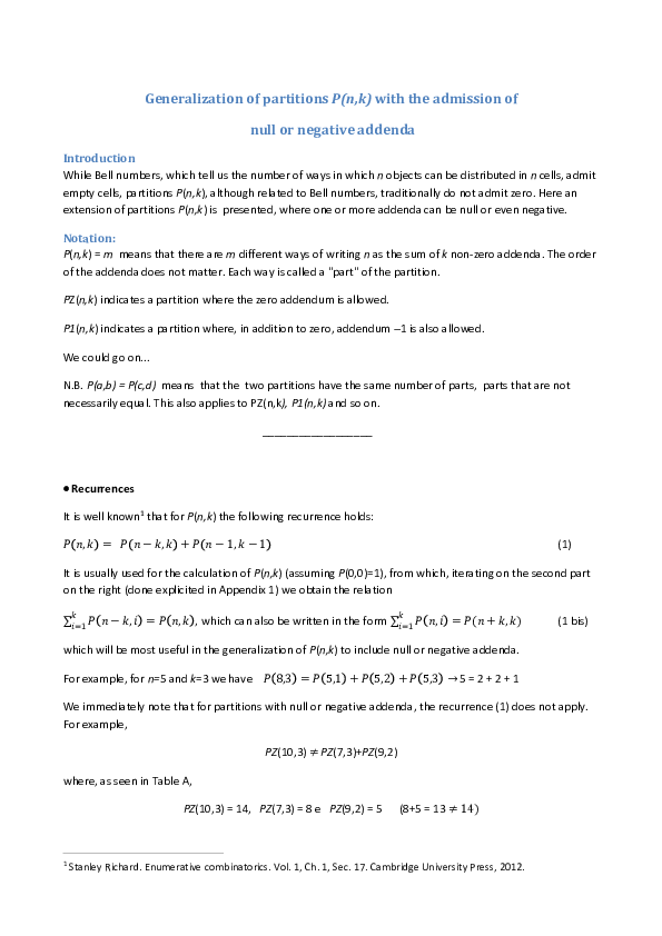 (PDF) Generalization of partitions P(n,k) with the admission of null or negative addenda