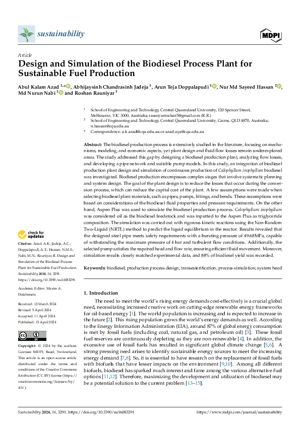 (PDF) Design and Simulation of the Biodiesel Process Plant for ...